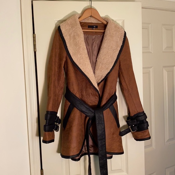 Ryu | Jackets & Coats | Ryu Brown Leatherlook Coat Black Trim Belt Faux ...